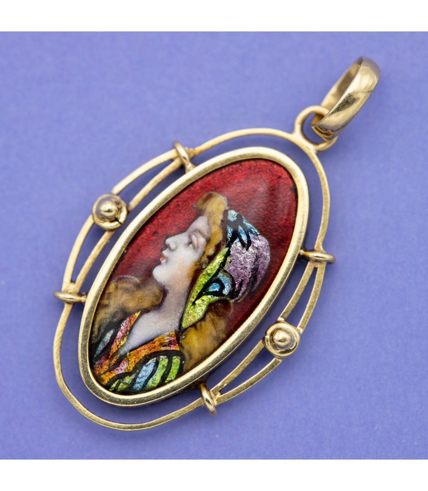 Lima - Limoges pendant - Solid gold vintage hand painted charm