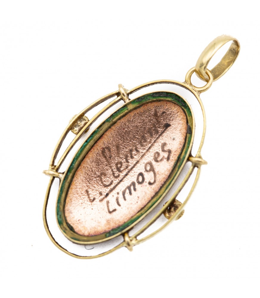 Lima - Limoges pendant - Solid gold vintage hand painted charm