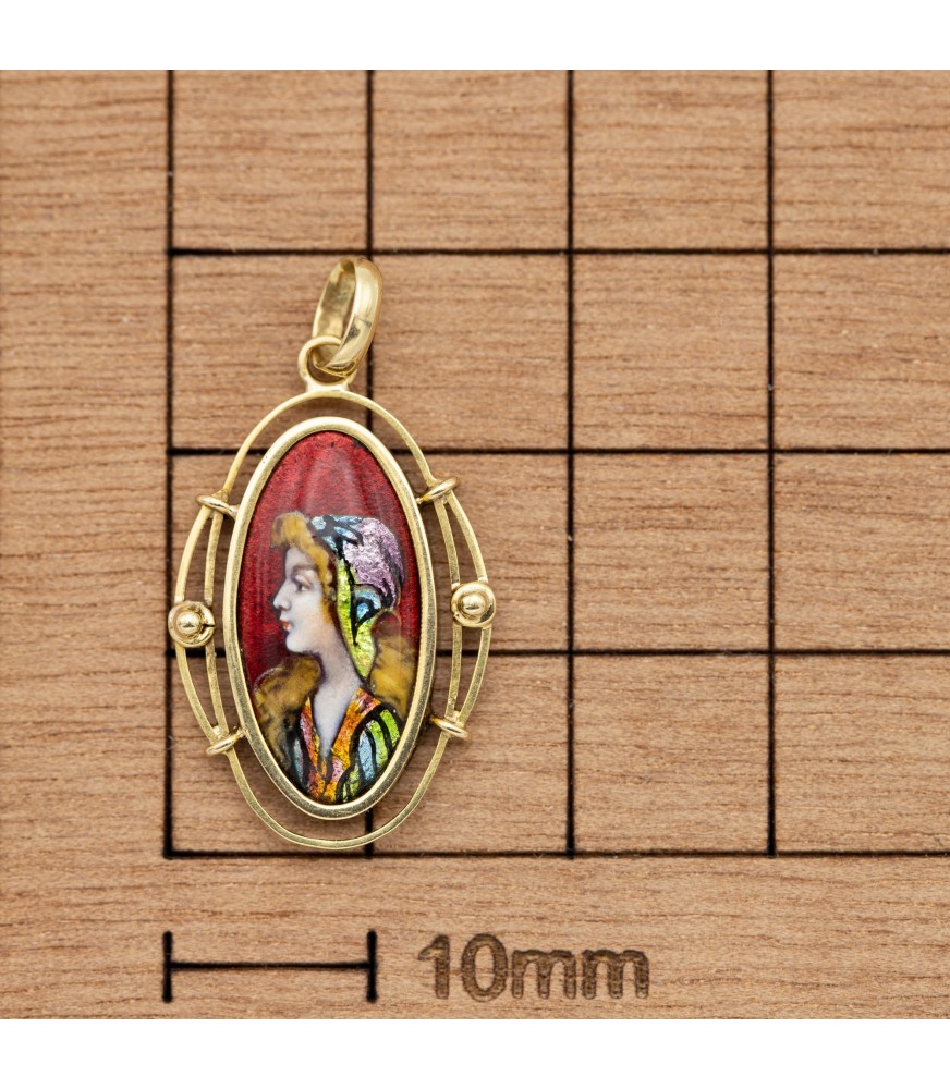 Lima - Limoges pendant - Solid gold vintage hand painted charm