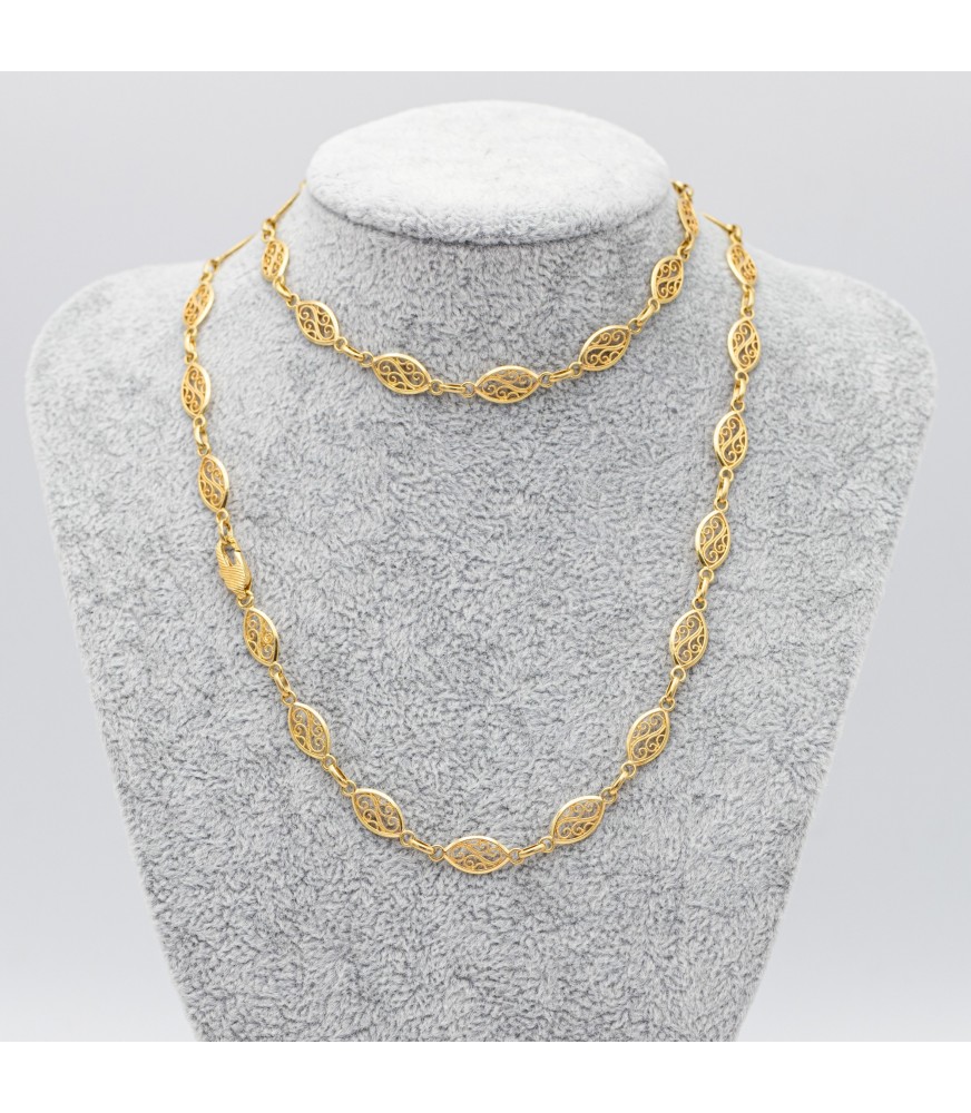 Filigree Sautoir, French Victorian long guard in solid 18 k yellow gold