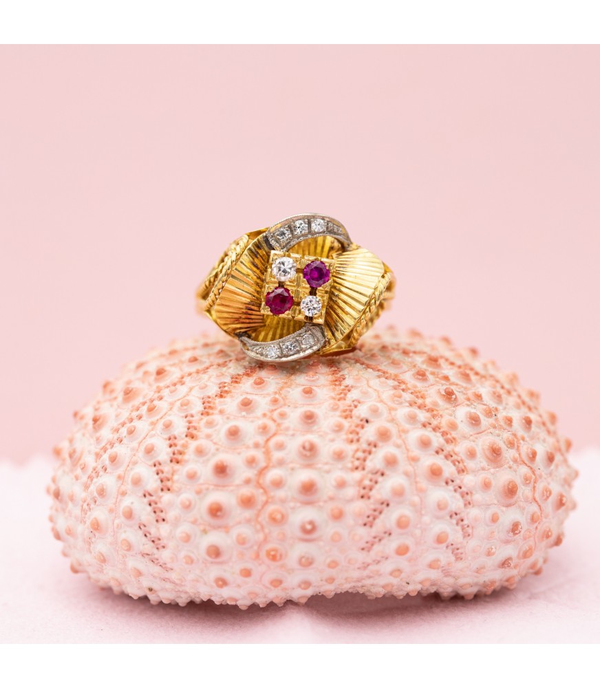 Solid gold tank ring - bulky ruby ring - estate diamond ring