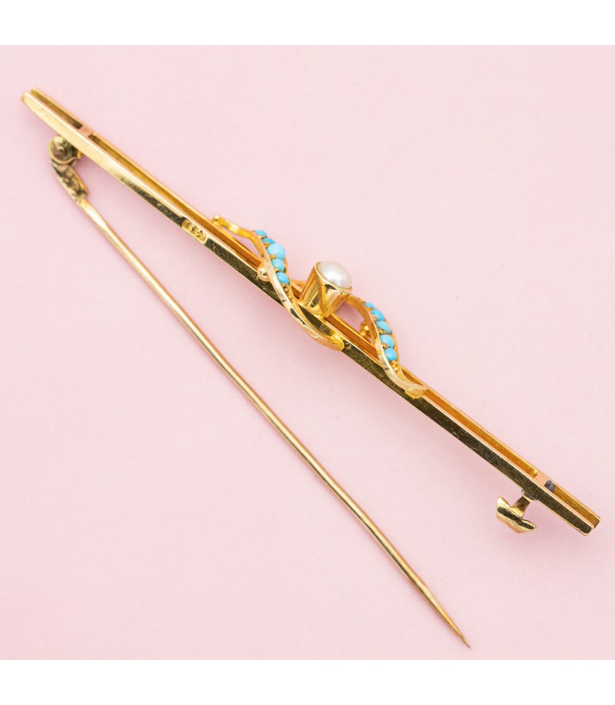15k gold Victorian bar brooch - turquoise brooch with pearl