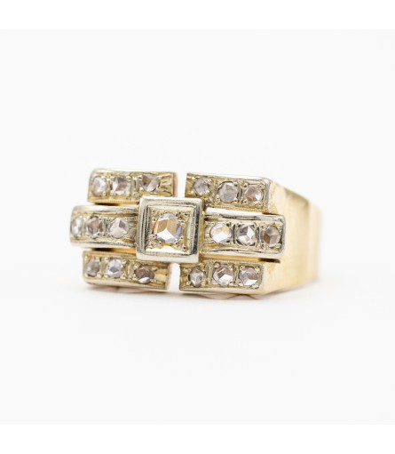 18 k yellow gold tank ring - rose cut diamond ring - estate bulky ring