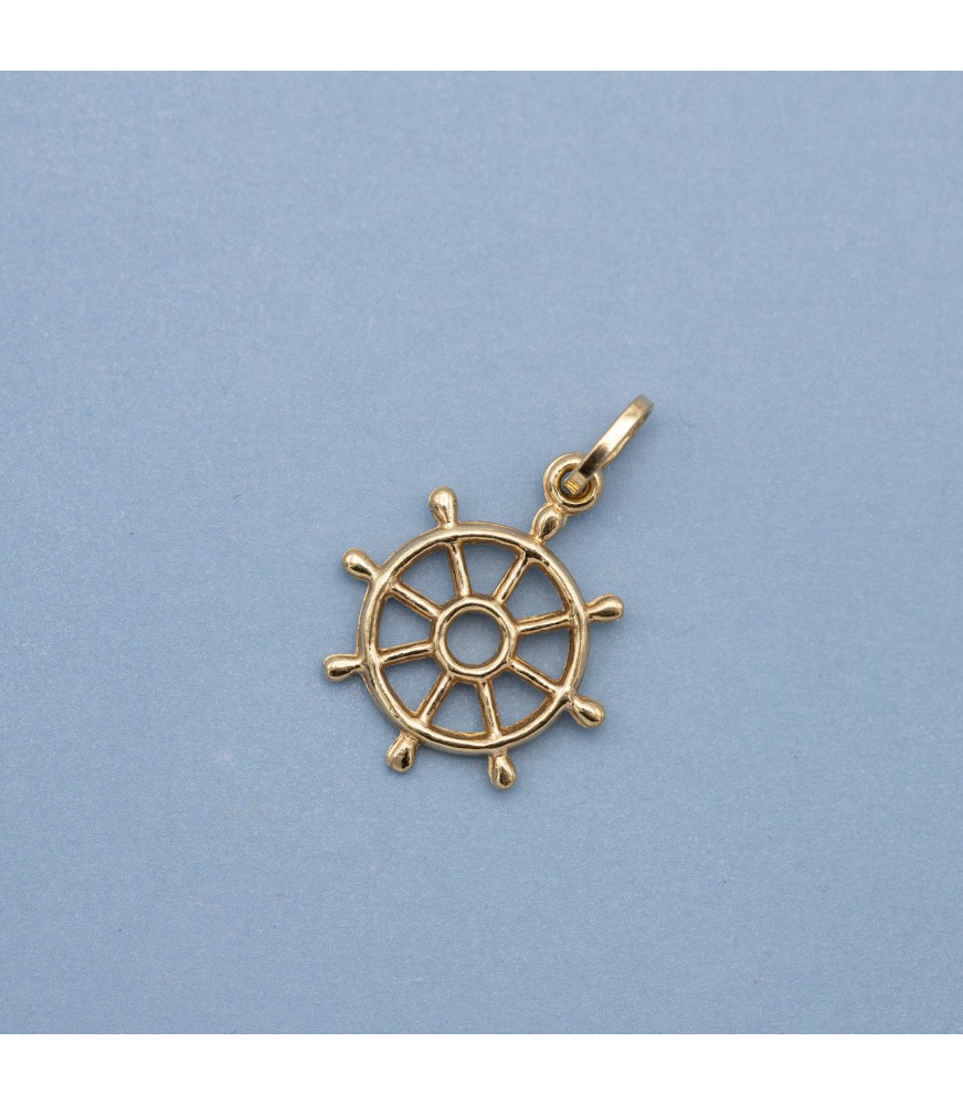 18k gold ship pendant - Vintage charm - solid gold steering wheel