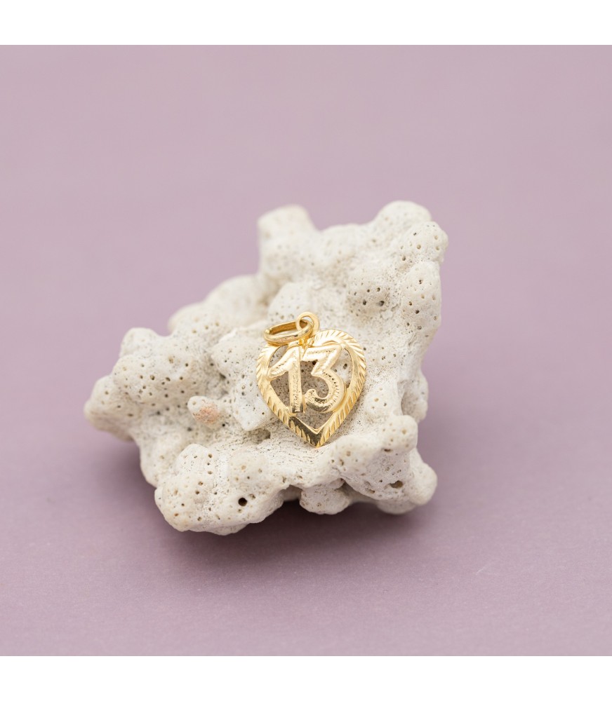 Italian 18K solid gold number 13 good luck charm - heart shaped Love